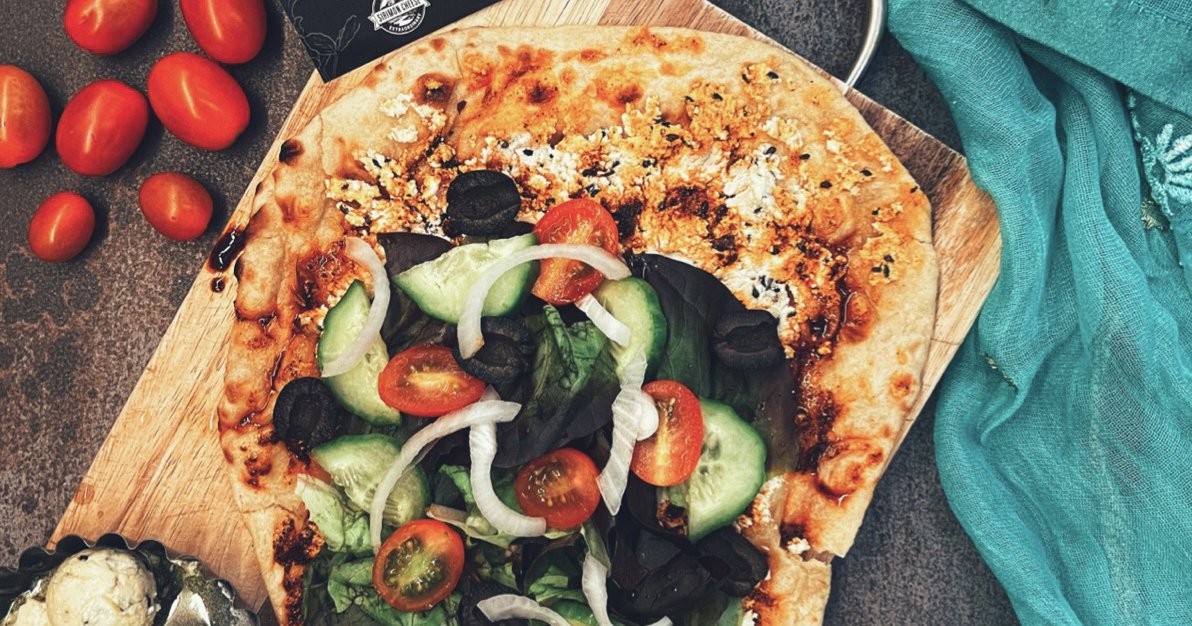 Chilli Garlic Naan with Labneh and Greek Salad - Sirimon Cheese